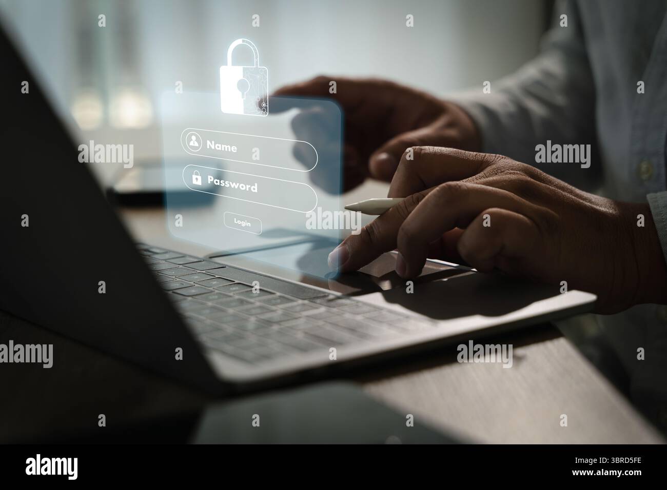 A cybersecurity data privacy person using laptop with digital login interface overlay, showing ...