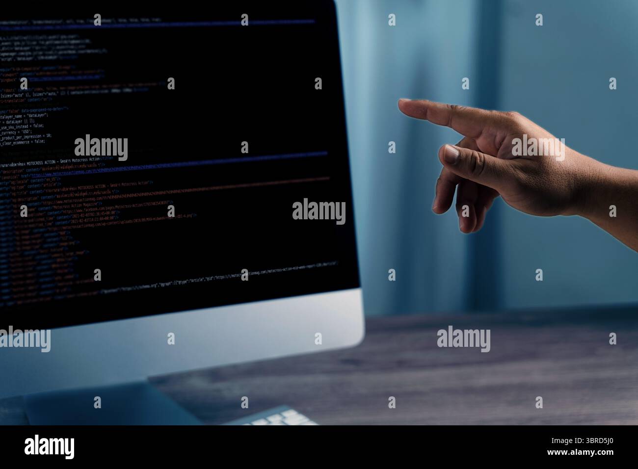 A programming code on representing person pointing computer screen displaying code, indicating ...