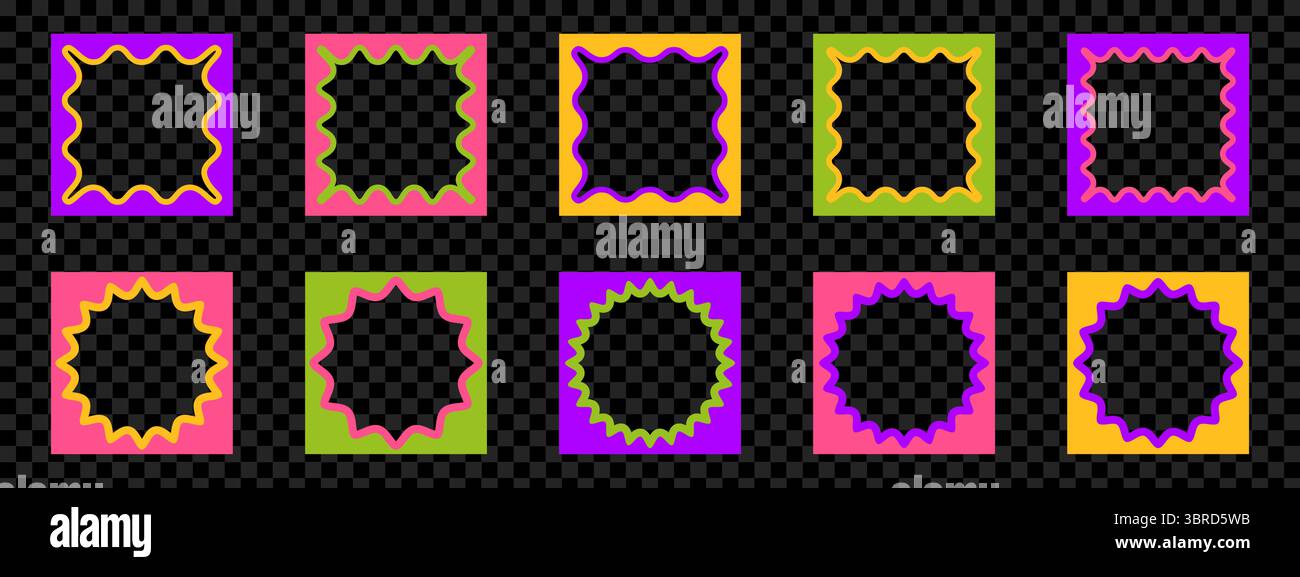 Set of square frames with wavy edges. Trendy borders with groovy ...