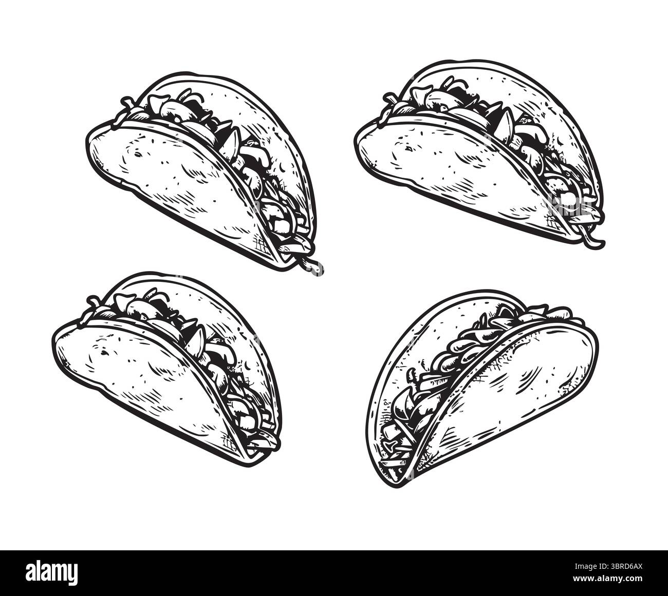 Taco sketch. Taco outline illustration. Taco black and white vector ...