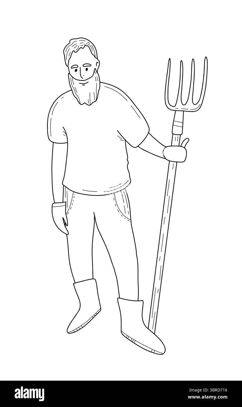 Line art vector of a farmer with pitchfork. Simple outline illustration ...