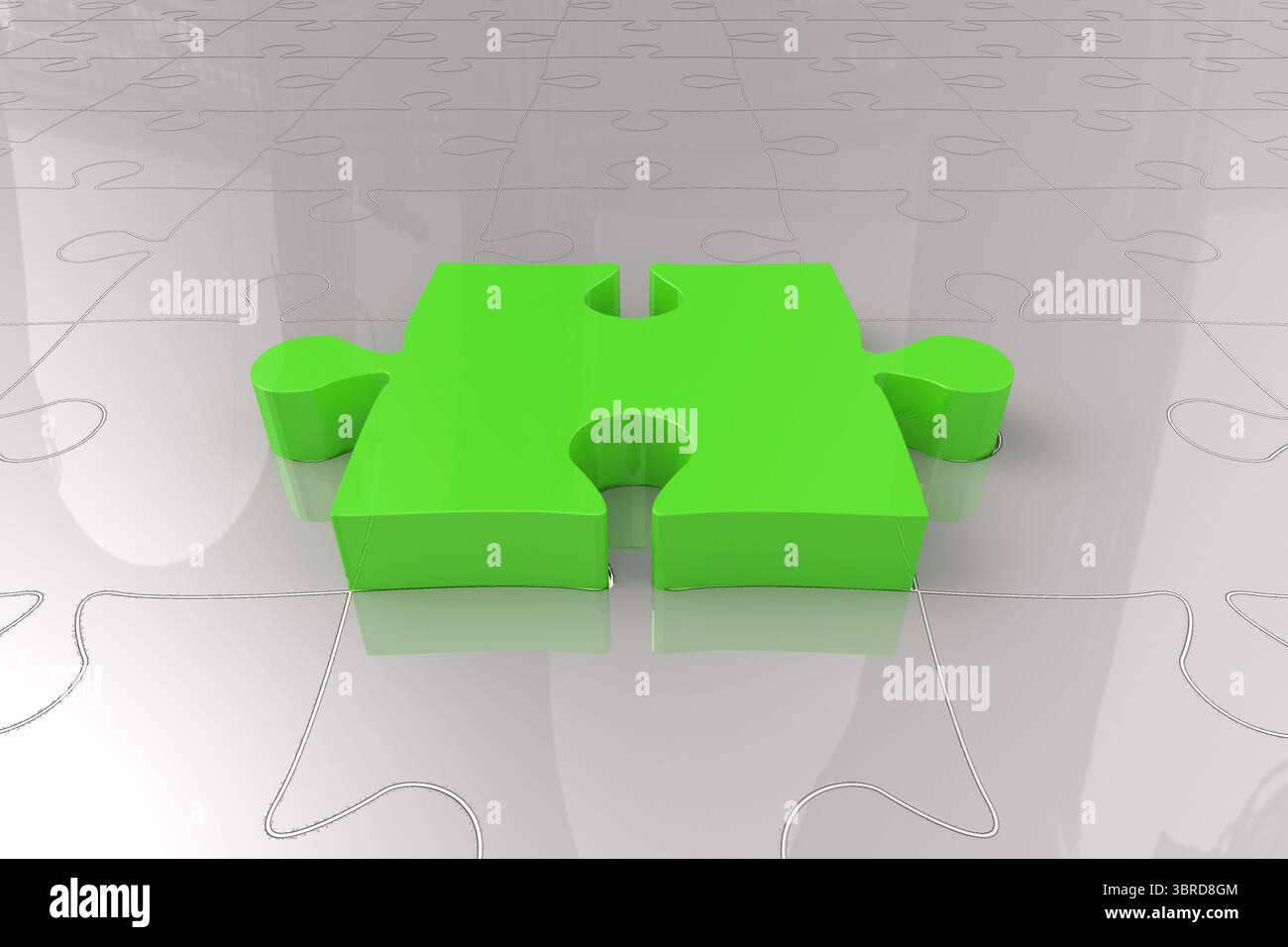 3D glossy green jigsaw puzzle piece is resting on reflective metal ...