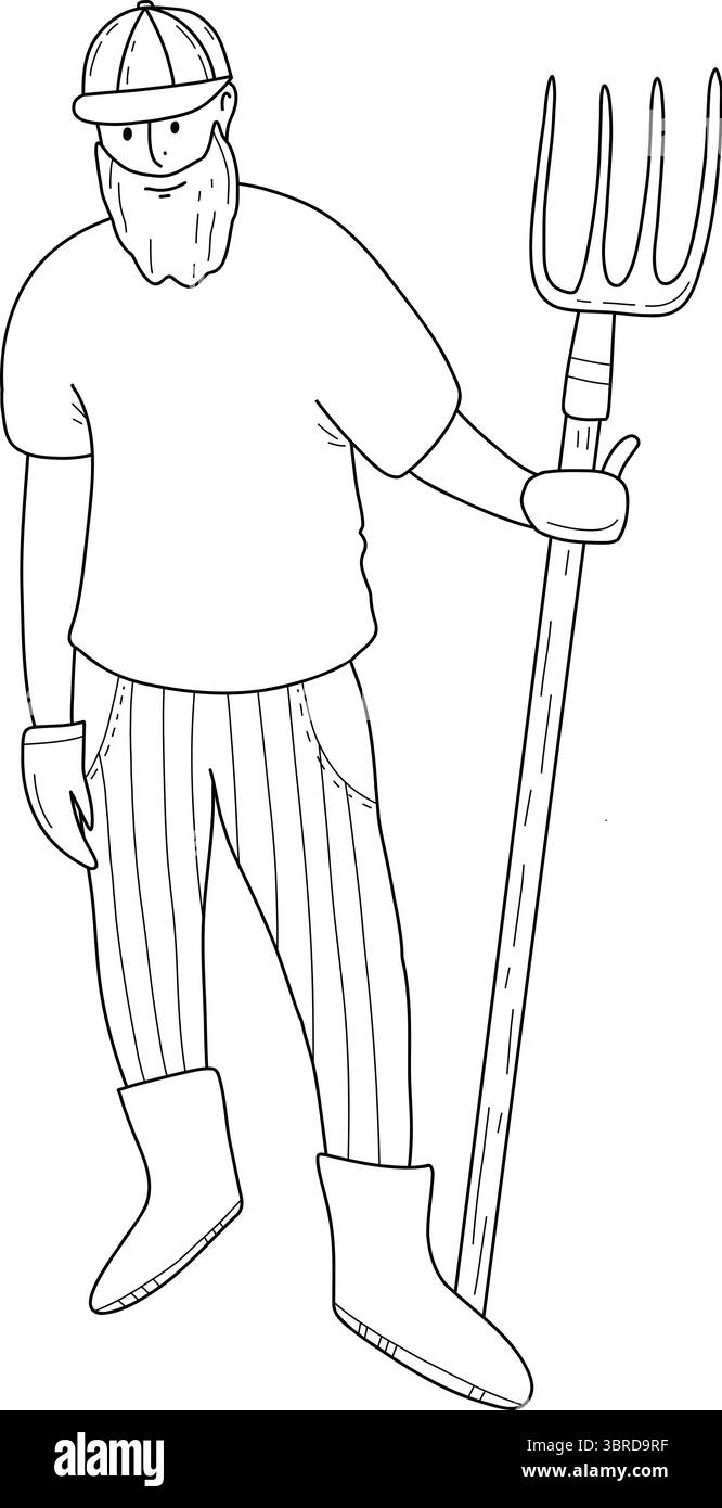 Line drawing of a farmer in a hat holding a pitchfork. Simple outline ...