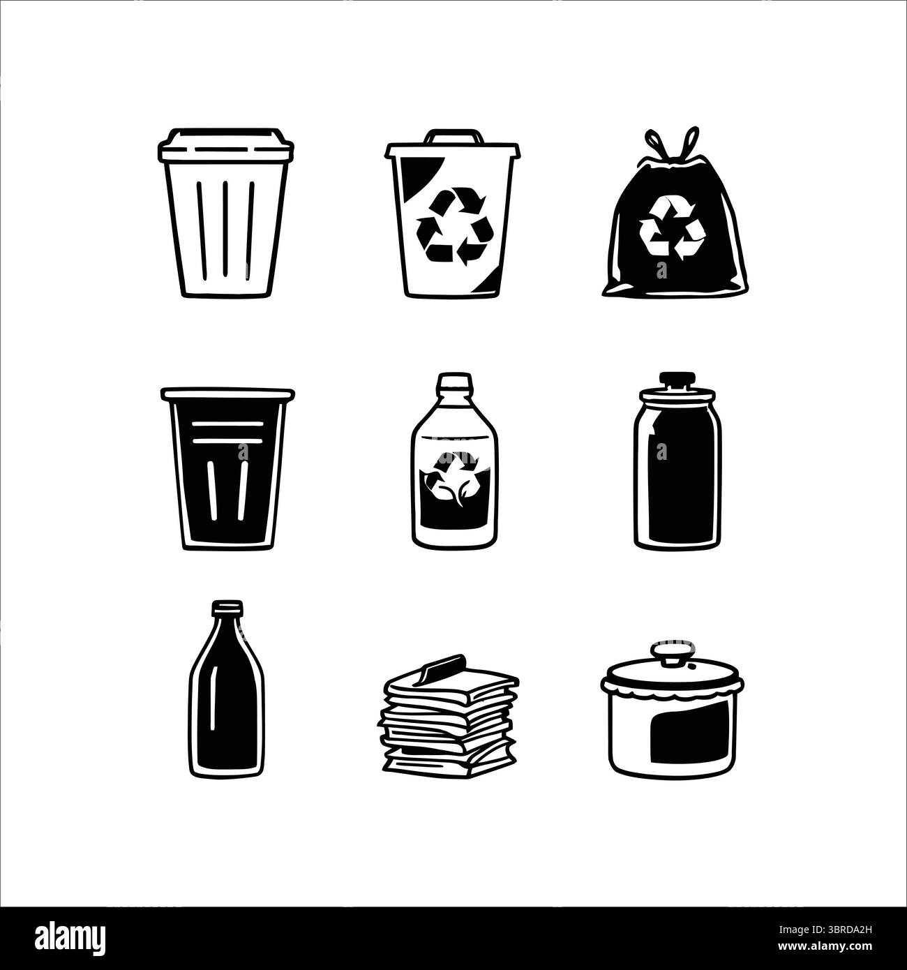 Waste Sorting and Recycling Icon Vector Set – Black and White ...