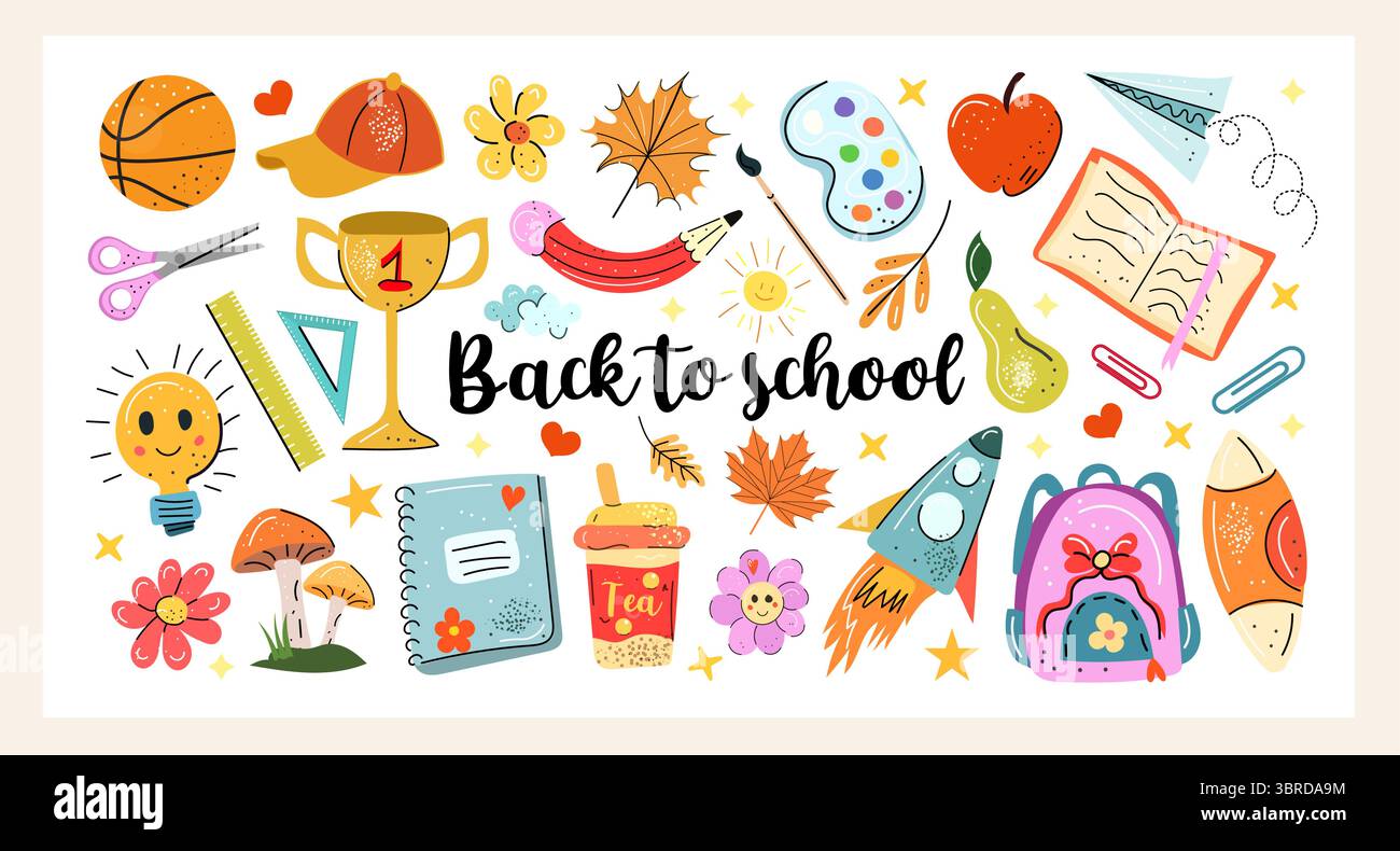 Back to School hand drawn cartoon vector set with school supplies ...