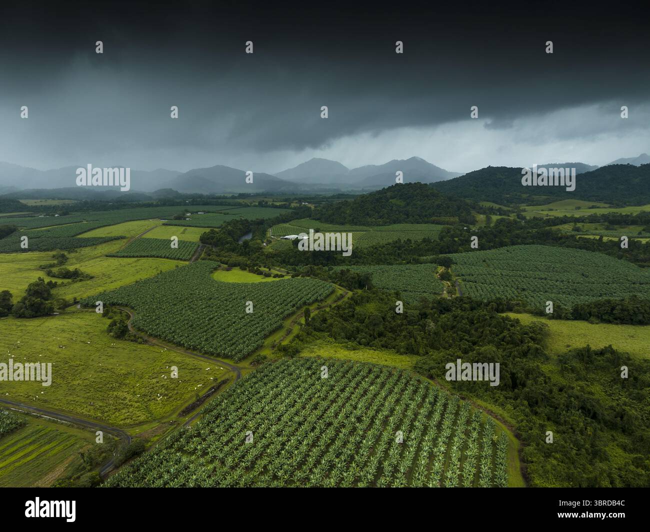 Aerial view of verdant fields under a brooding sky meet distant ...