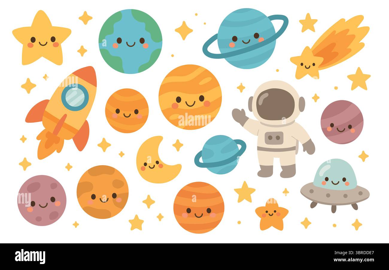 Smiling planets, stars, rocket, astronaut, and UFO gather in a fun ...