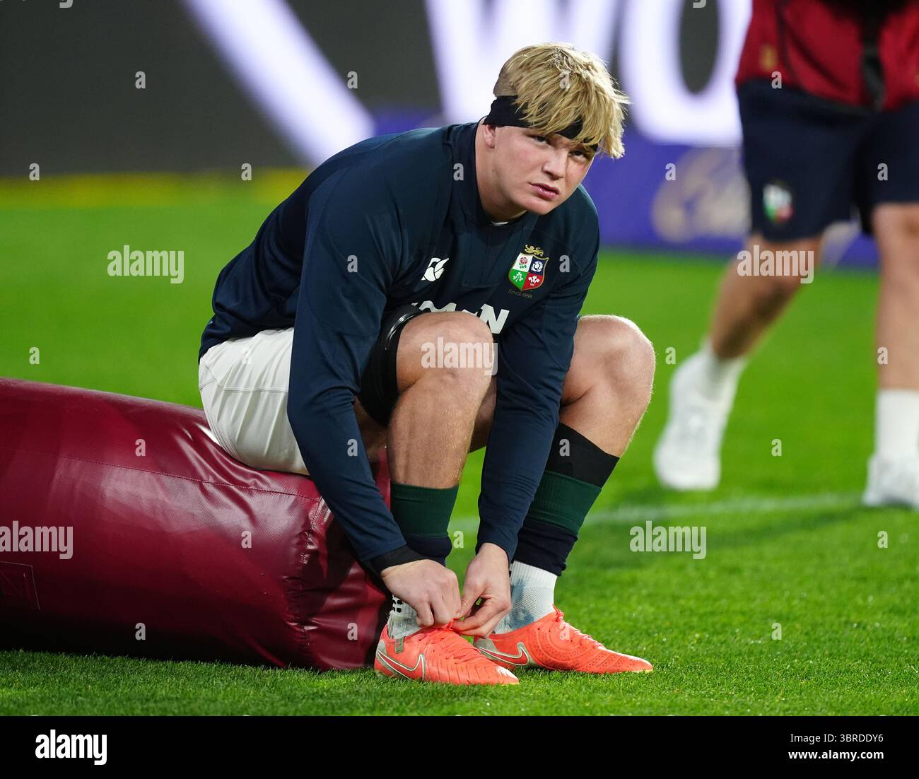 British and Irish Lions' Henry Pollock warming up before the Qatar ...