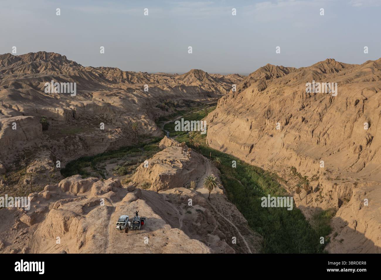 Aerial view of arid cliffs casting stark shadows over a vibrant green ...