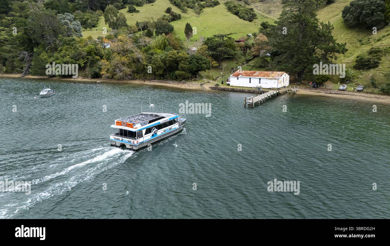 Aerial view of the Pelorus Mail Boat at Wilson Bay slicing through the ...