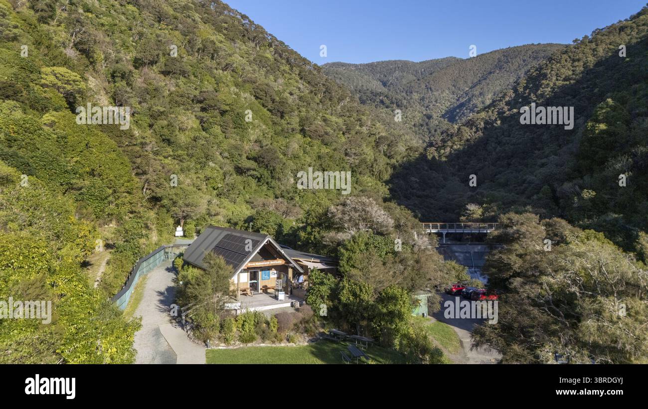 Aerial view of the entrance building to the Brook Sanctuary, a ...