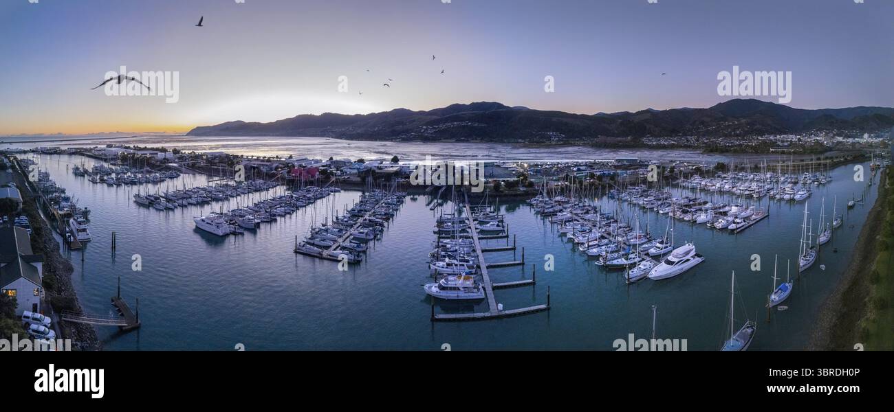 Aerial view of a tranquil marina scene, where sleek white yachts rest on indigo waters beneath a ...