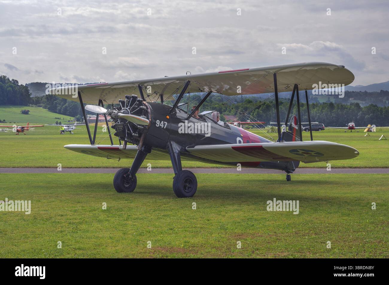 Stearman biplane with radial engine, at the airfield festival in Durach ...