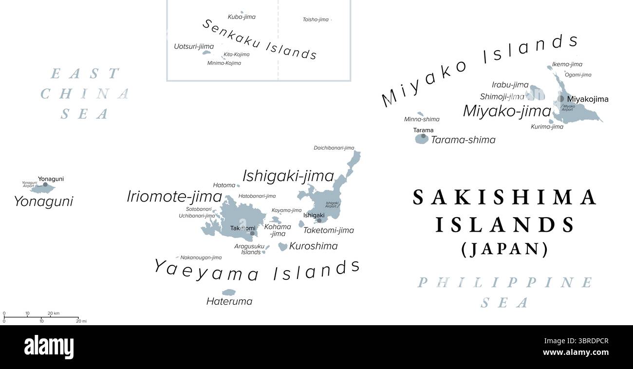 Sakishima Islands, Japan, gray political map. Southernmost end of ...