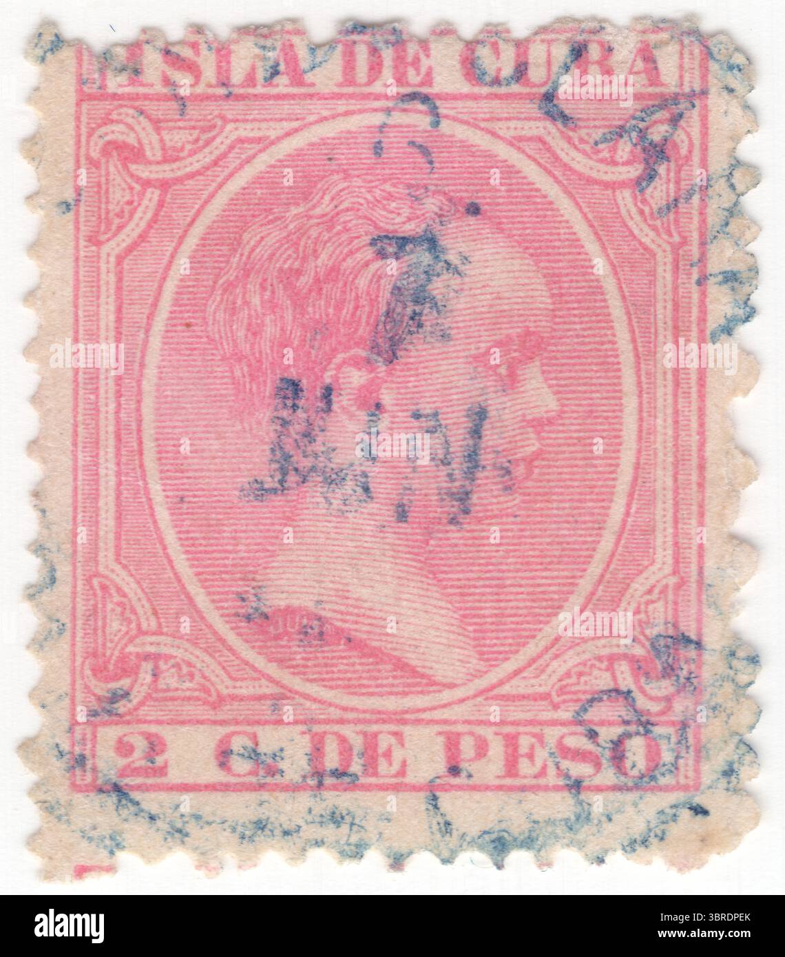 CUBA - 1894: 2 centesimo rose postage stamp depicting portrait of King ...