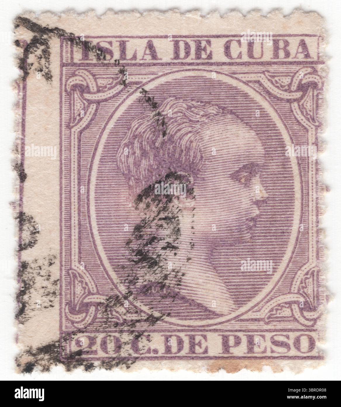 CUBA - 1890: 20 centesimo dark violet postage stamp depicting portrait ...