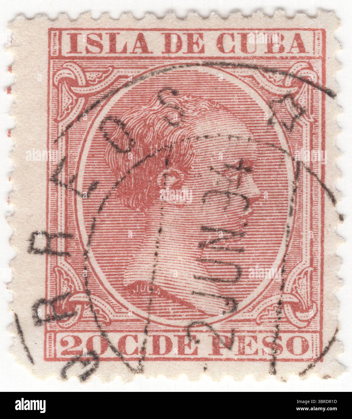 CUBA - 1894: 20 centesimo red-brown postage stamp depicting portrait of ...