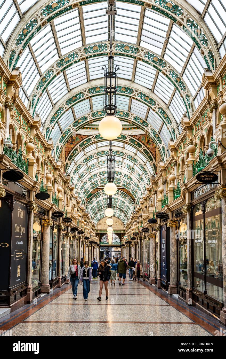 Interior view of County Arcade, a richly decorated Victorian shopping arcade with glass domes ...
