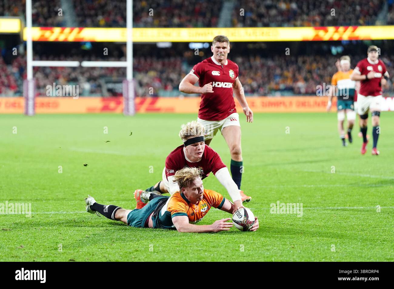 British and Irish Lions' Henry Pollock scores a try during the Qatar ...