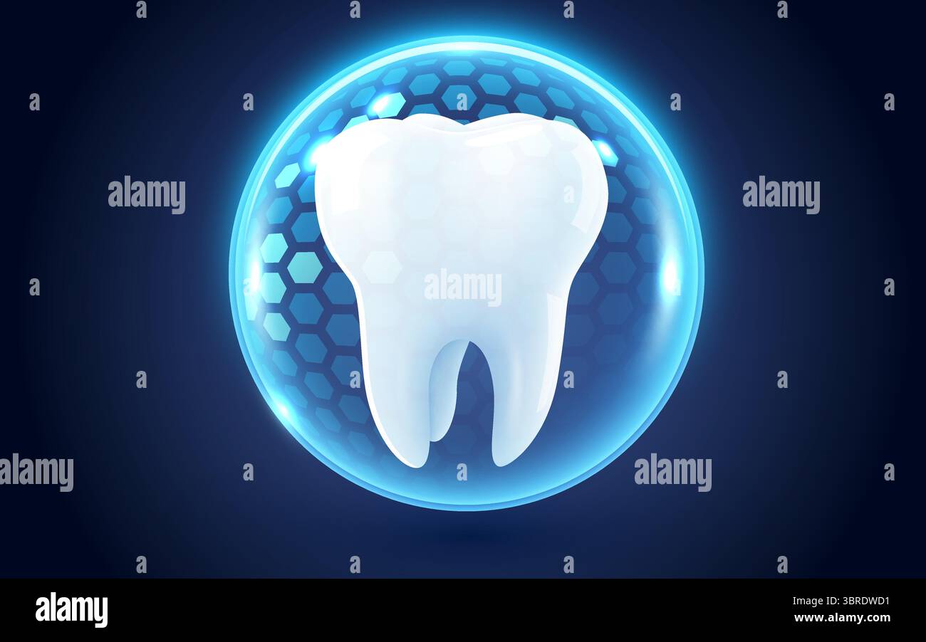 3d realistic vector healthy glowing tooth. Shield around white tooth ...