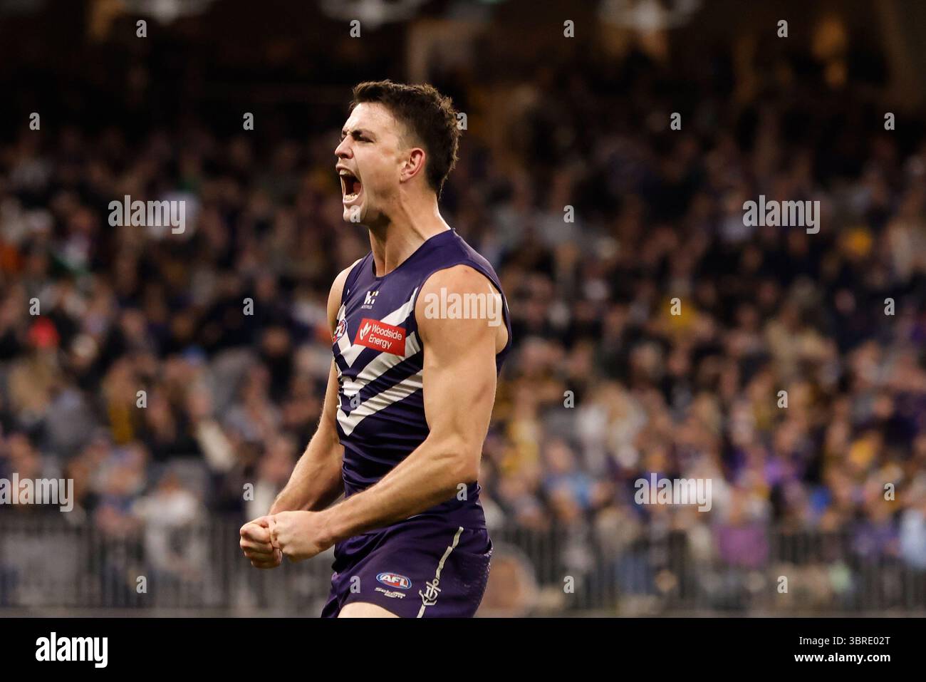 Patrick Voss of the Dockers celebrates after kicking a goal during the ...