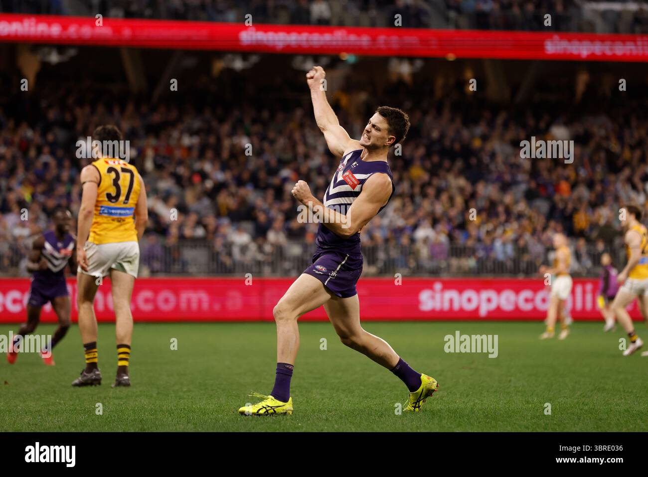 Patrick Voss of the Dockers celebrates after kicking a goal during the ...