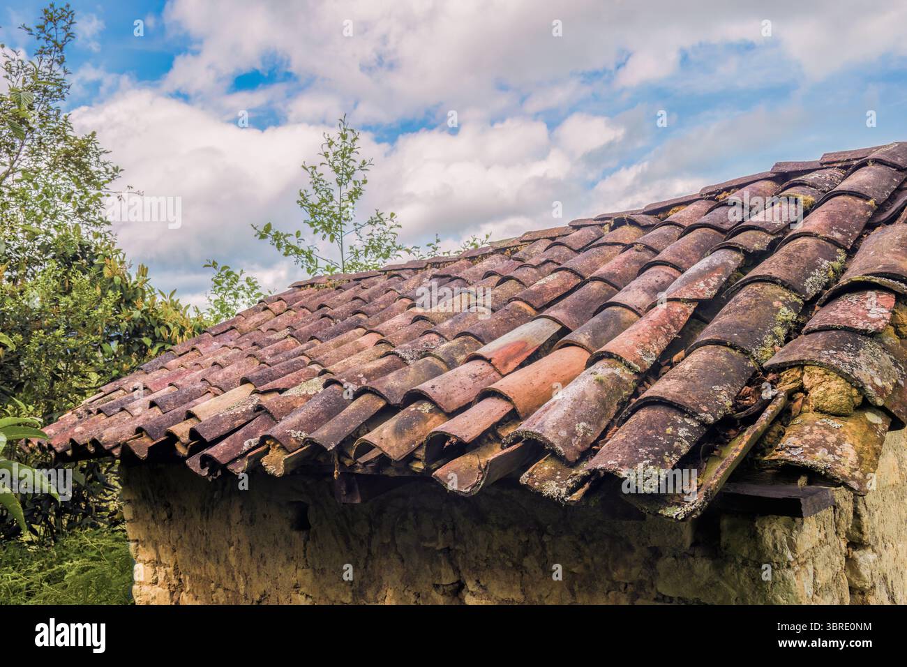 The old traditional Spanish style clay tile roof of an ancient shed, in ...