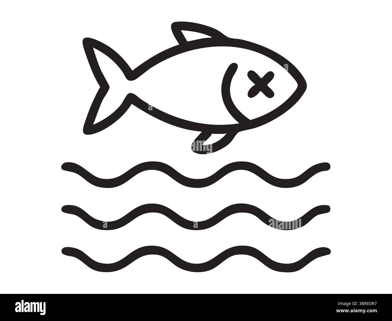 Black outline of dead fish above water waves isolated on white ...