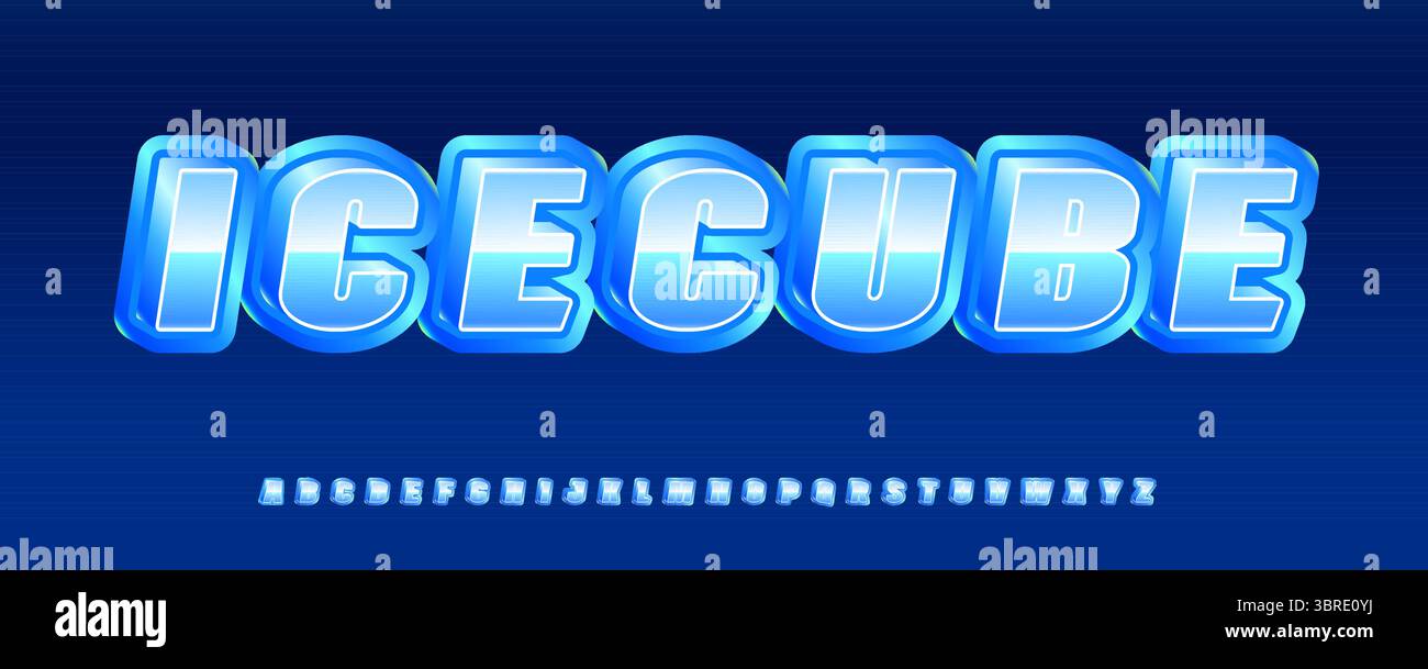 Icy cartoon alphabet, frozen blue 3D letters, ice cube font for summer ...