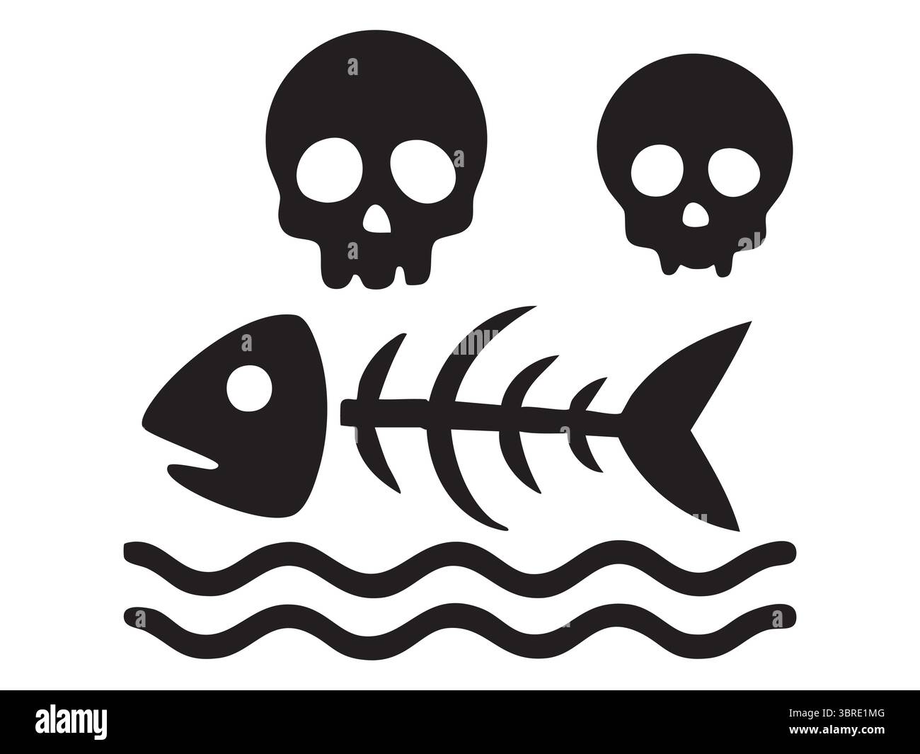 Black silhouette of environmental pollution icon with skulls and fish ...