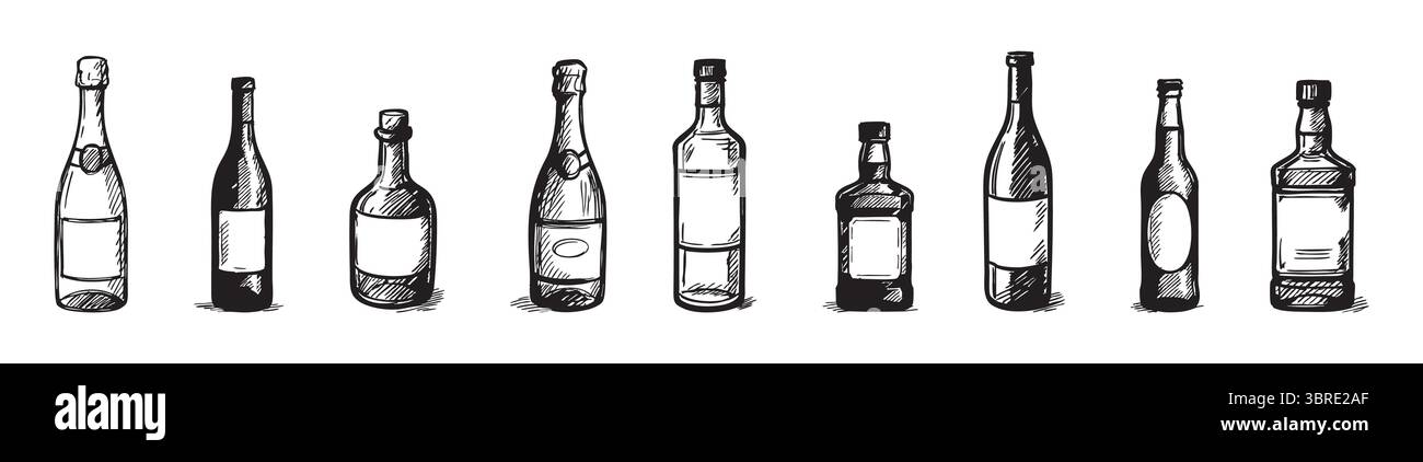 Set of different alcohol bottles in hand drawn black sketch style ...