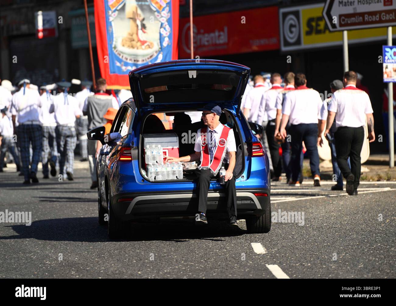 A car carrying water bottles during a Twelfth of July parade in Belfast ...