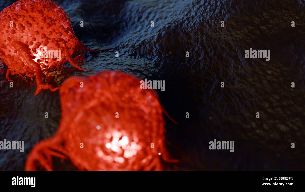 A 3D rendering of cancer cells under a microscope depicts tentacle-like ...