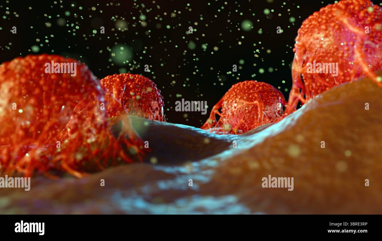 A 3D rendering of cancer cells under a microscope depicts tentacle-like ...