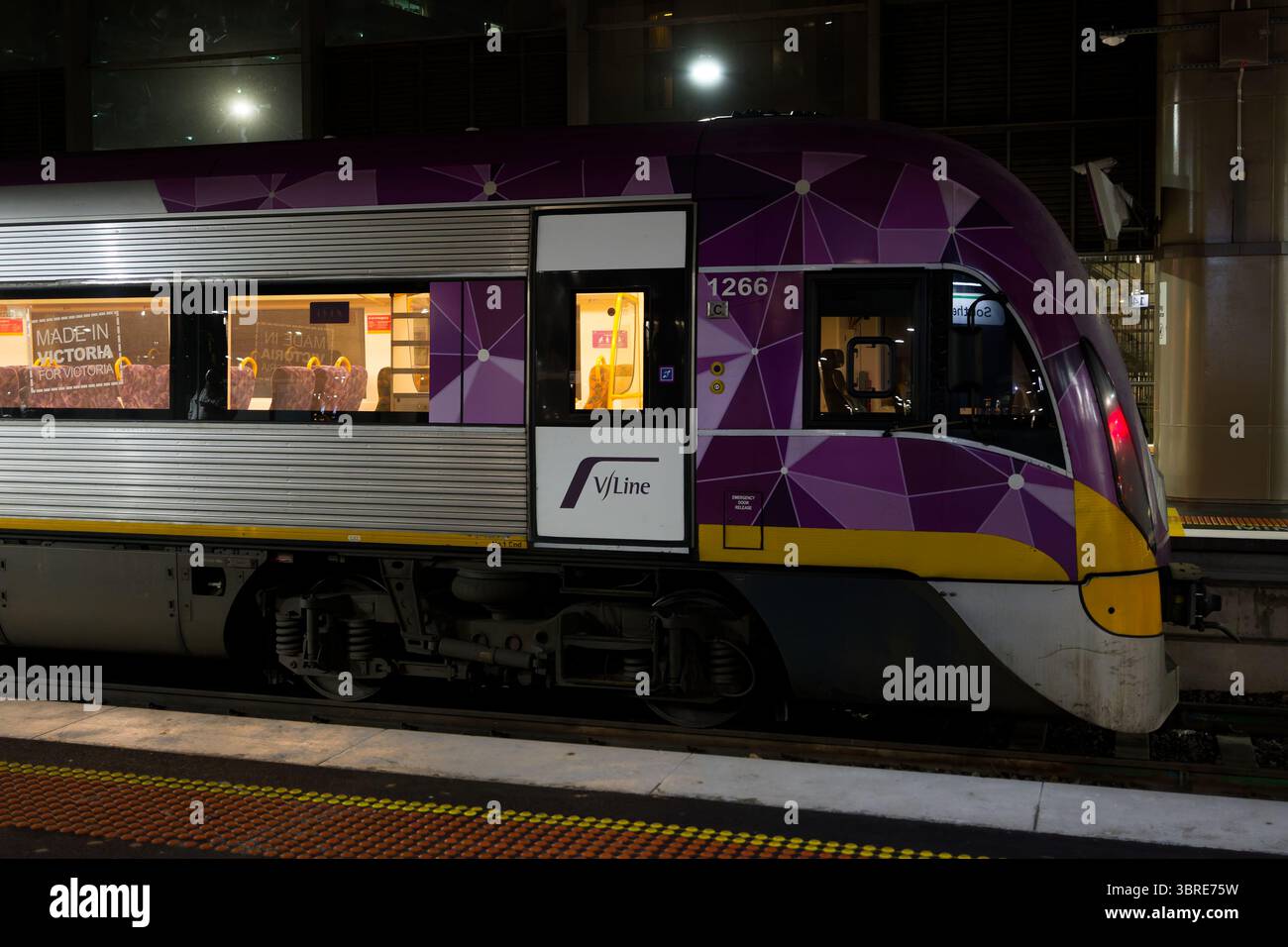 Side view of the exterior of a Vline Vlocity train's rear carriage ...