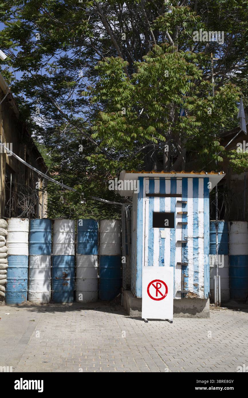 Lefkosia, Cyprus - 25 June 2025: View of a blue and white striped ...