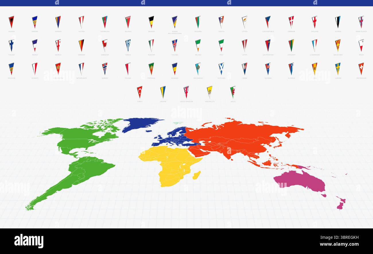 Pennant Flags of European Countries on a Colorful World Map. A vibrant ...