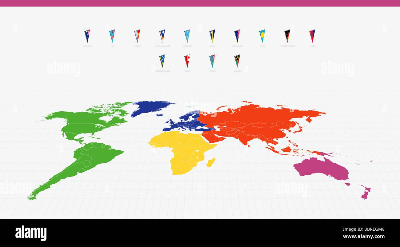 Pennant Flags of Oceanian Countries on a Colorful World Map. A vibrant ...