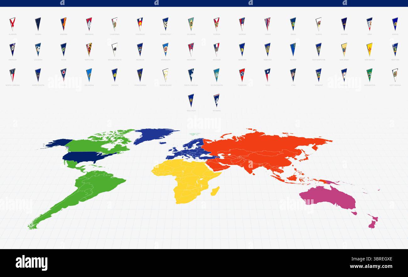 Pennant Flags of US State on a Colorful World Map. A vibrant collection of triangular pennant ...
