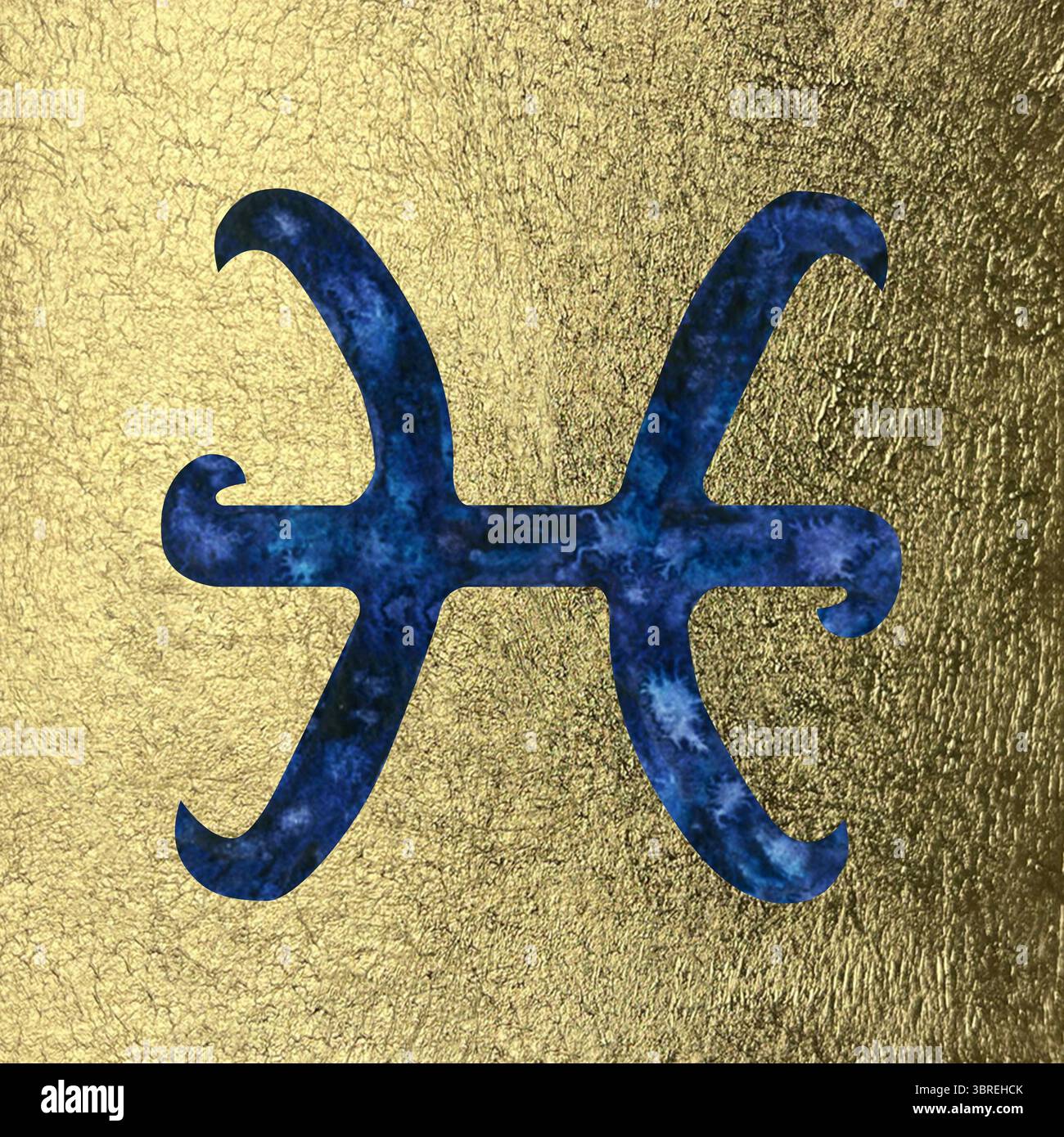 Blue Pisces zodiac symbol with starry sky texture on golden aged gold ...