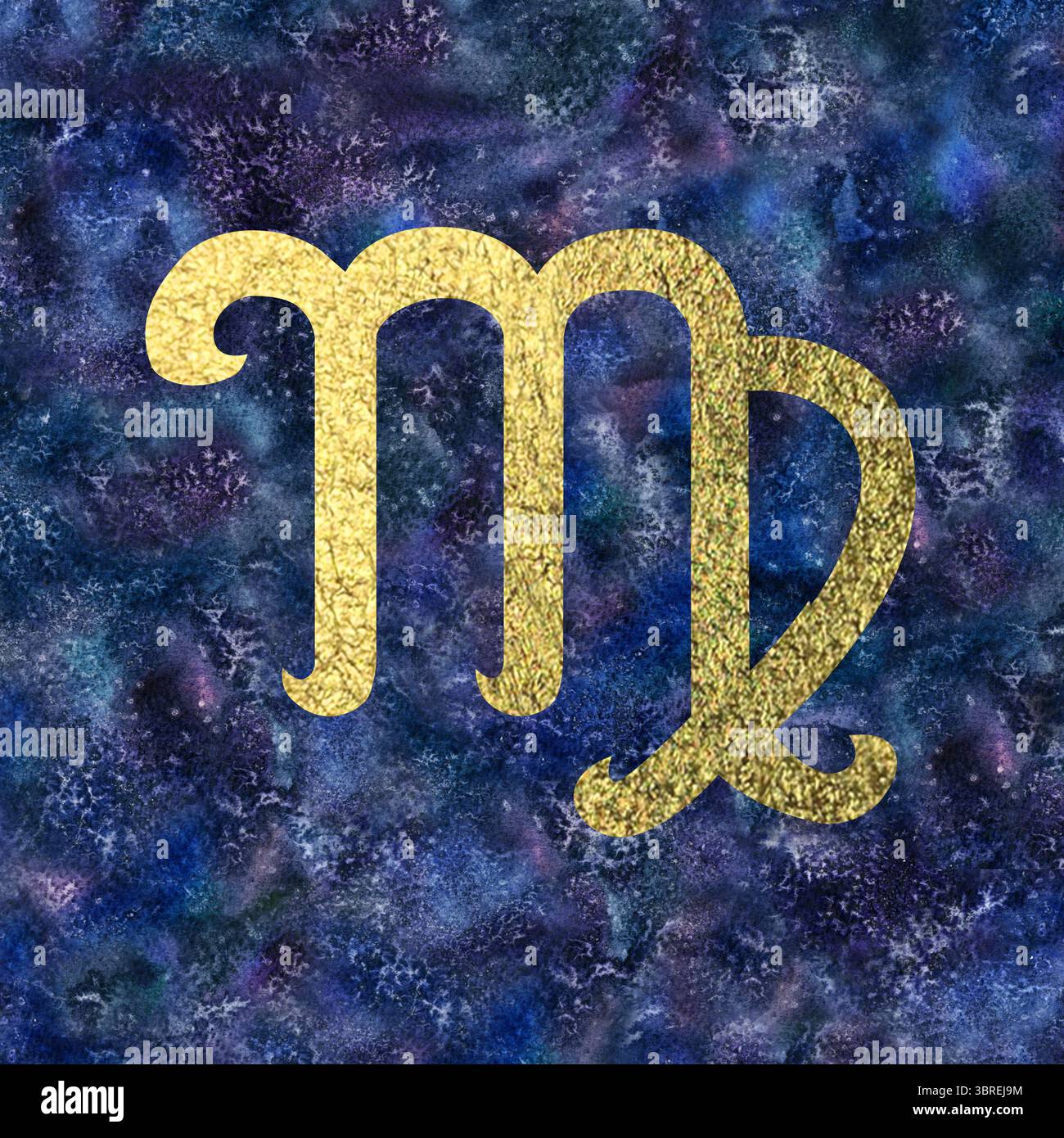 Golden Virgo zodiac symbol with aged gold foil texture on starry sky ...