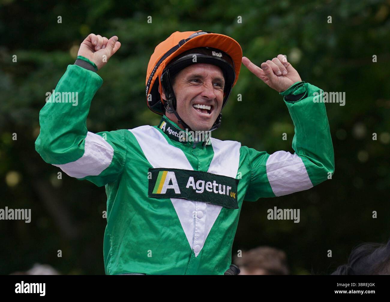 Jockey Neil Callan celebrates after winning the Al Basti Equiworld ...
