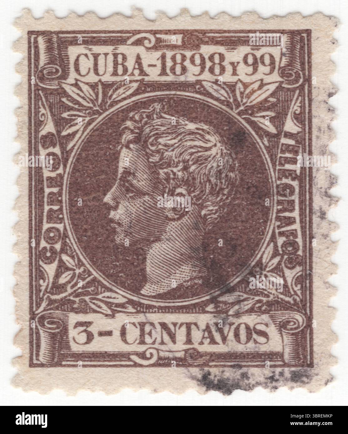 CUBA - 1898: 3 centavo dark brown postage stamp depicting portrait of ...