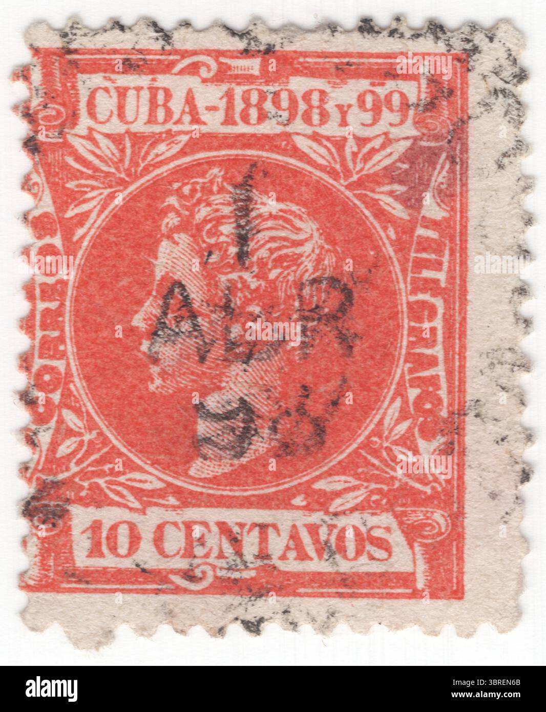 CUBA - 1898: 10 centavo vermilion postage stamp depicting portrait of ...