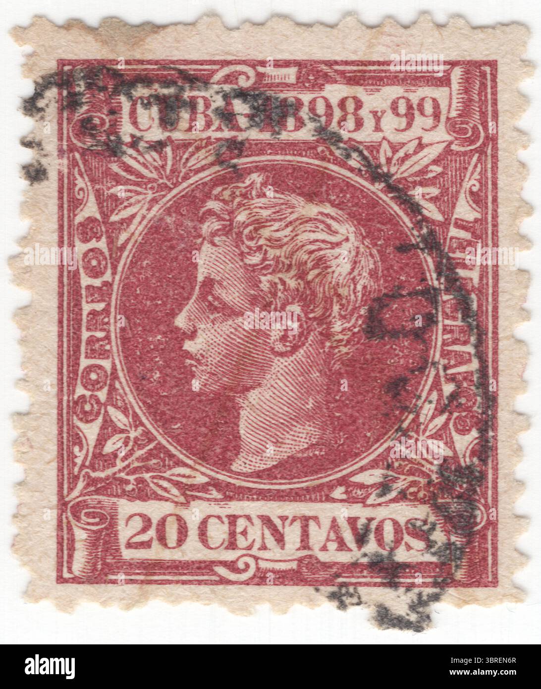 CUBA - 1898: 20 centavo maroon postage stamp depicting portrait of King ...