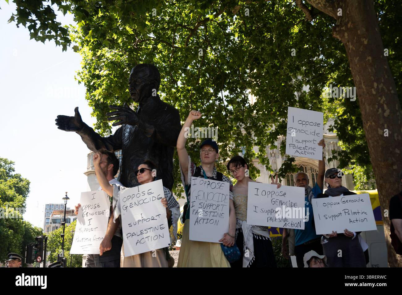 Protesters, several elderly, assemble in front of the statues of Gandhi ...