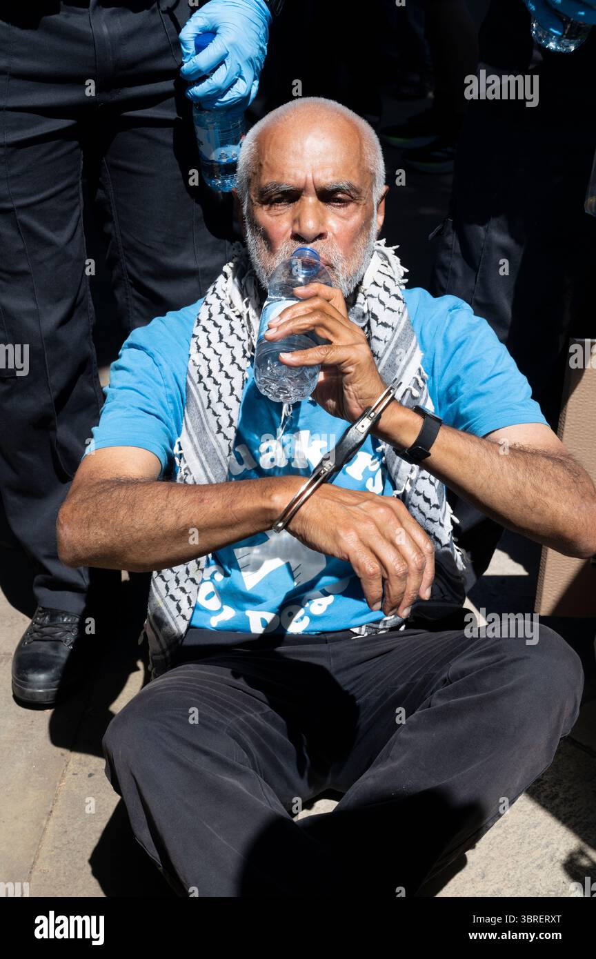 Protesters, several elderly, assemble in front of the statues of Gandhi ...