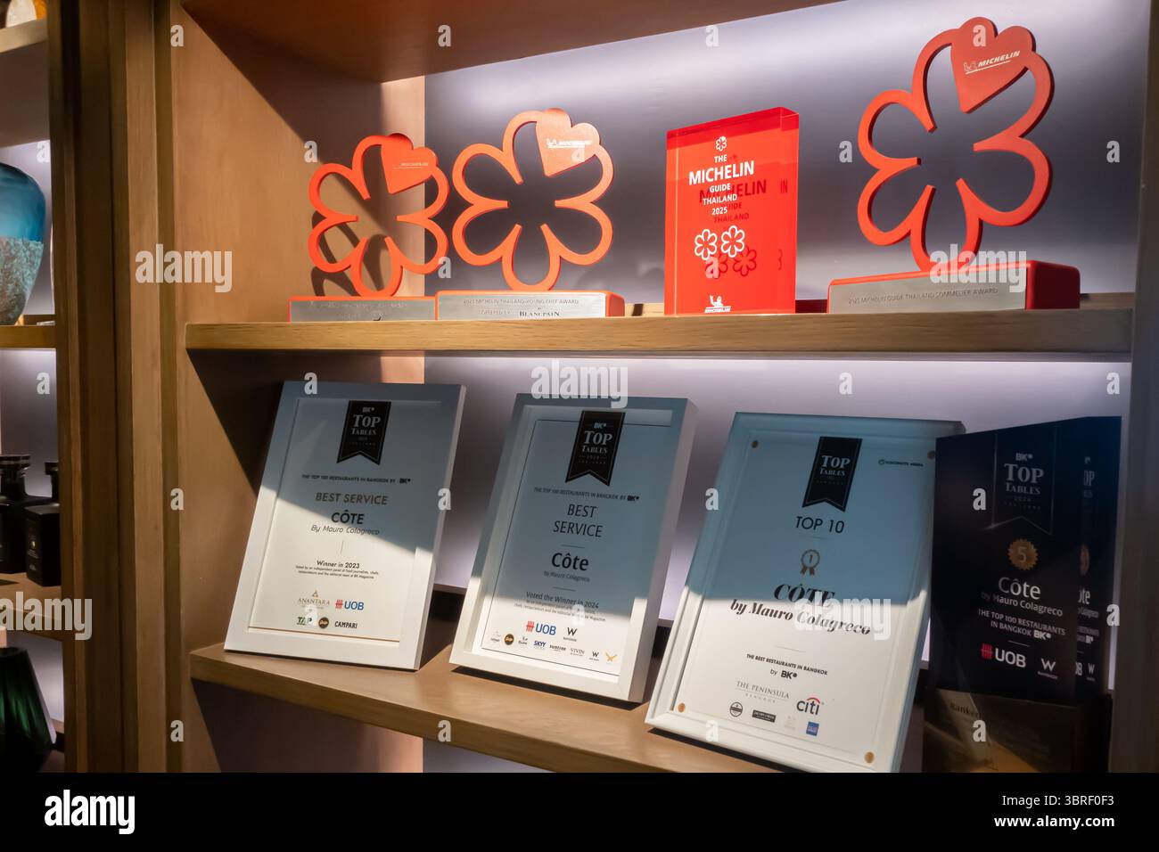 Michelin guide diplomas and signs, Côte by Mauro Colagreco, 2025 two ...