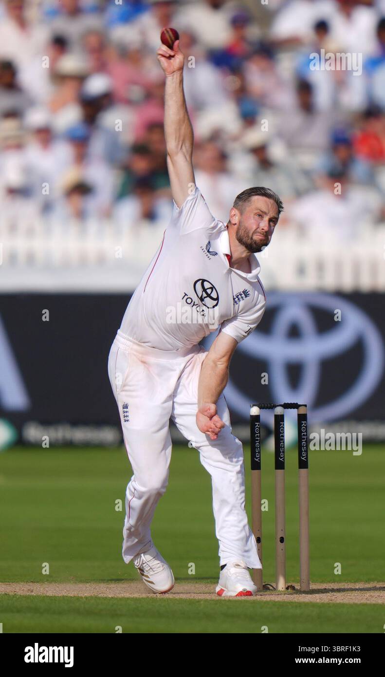 England's Chris Woakes bowling on day three of the Third Rothesay Men's ...