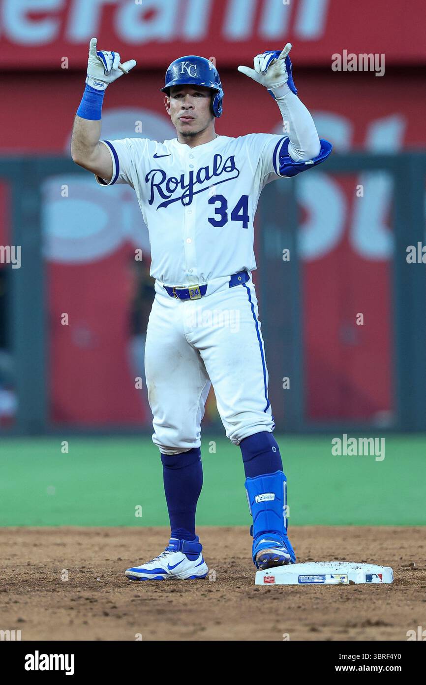 July 9, 2025: Kansas City Royals catcher Freddy Fermin (34) reacts ...